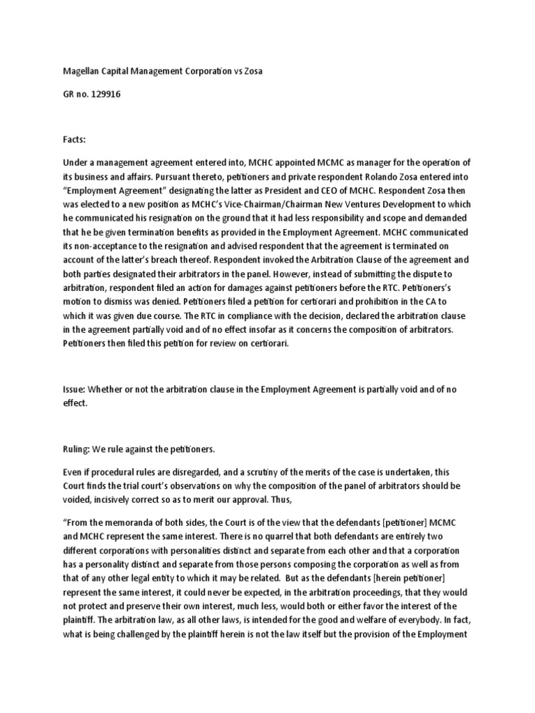 Magellan Capital MNGT Corp Vs Zosa | PDF | Arbitration | Equity (Law)