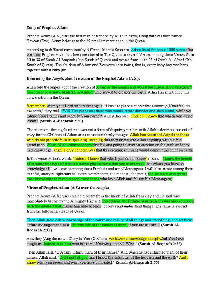 Story of Prophet Adam in Islam | PDF | Adam | Cain And Abel