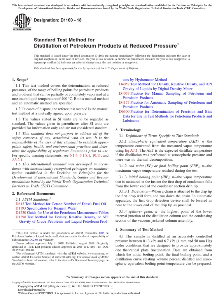 Astm D1160 - 18 | Download Free PDF | Distillation | Pressure Measurement