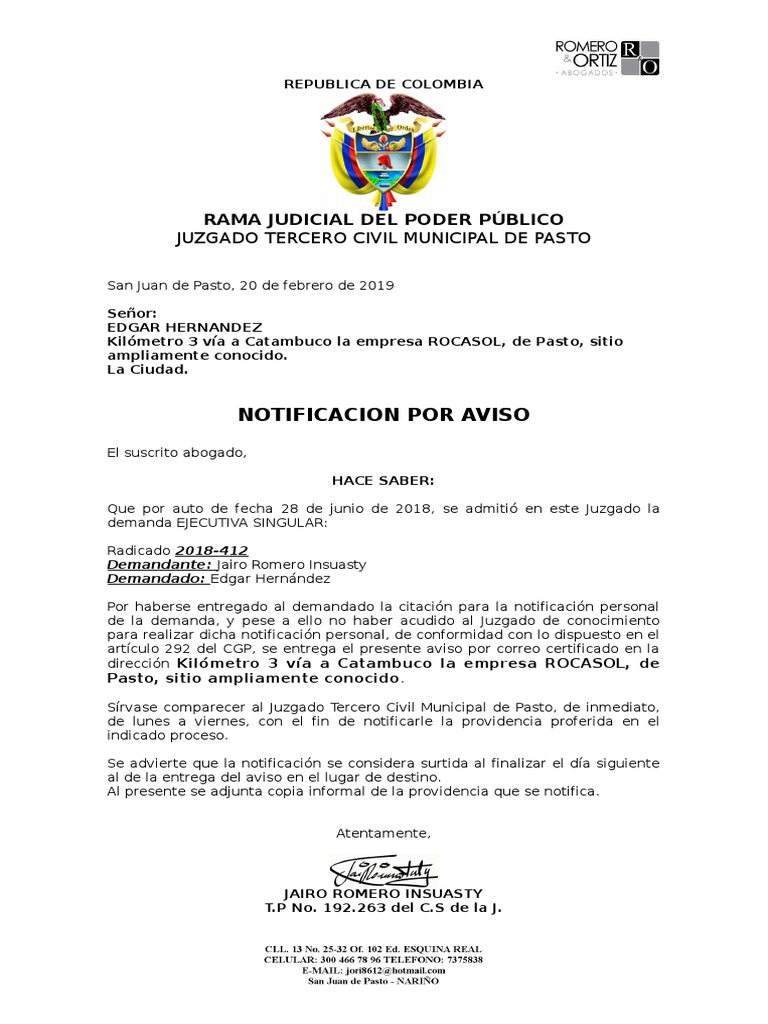 Modelo de Notificación por Aviso CGP | PDF