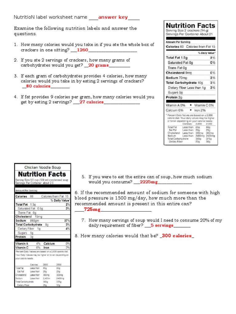 Label Reading Worksheet 2014 TO POST ANSWERS | PDF | Calorie ...