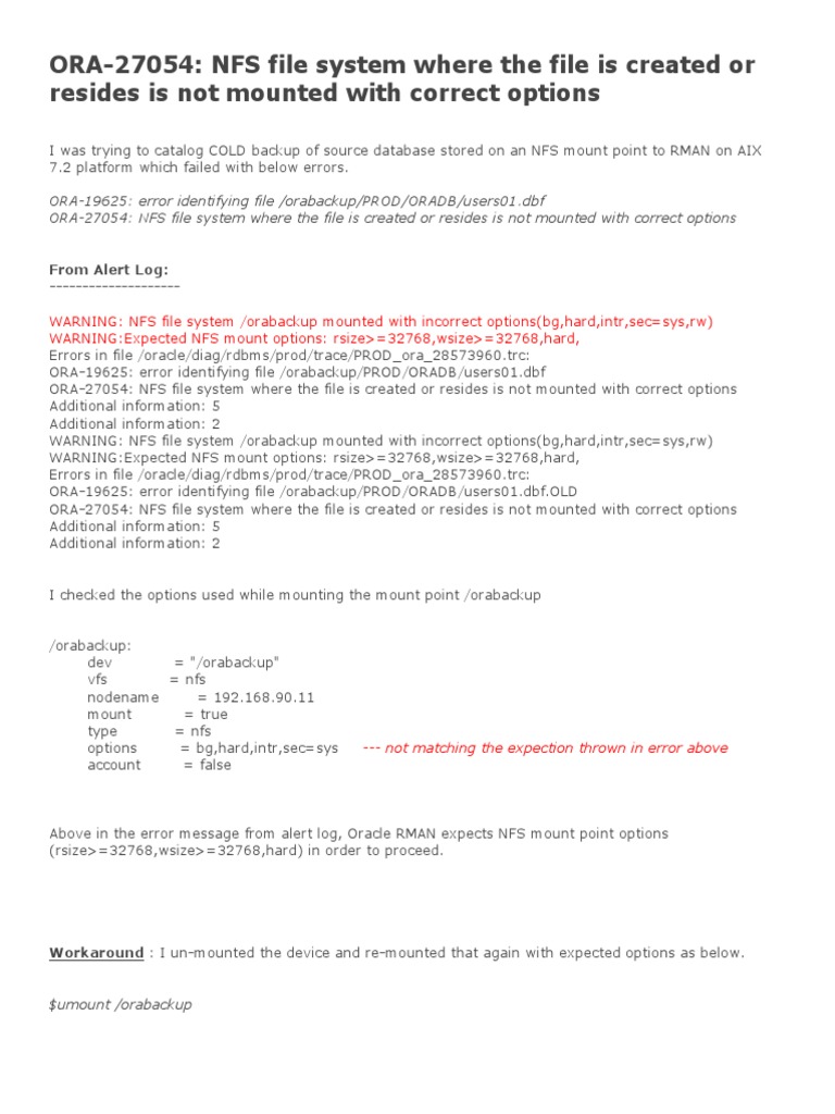 ORA-27054 NFS File System Where The File Is Created or Resides Is Not Mounted With Correct ...