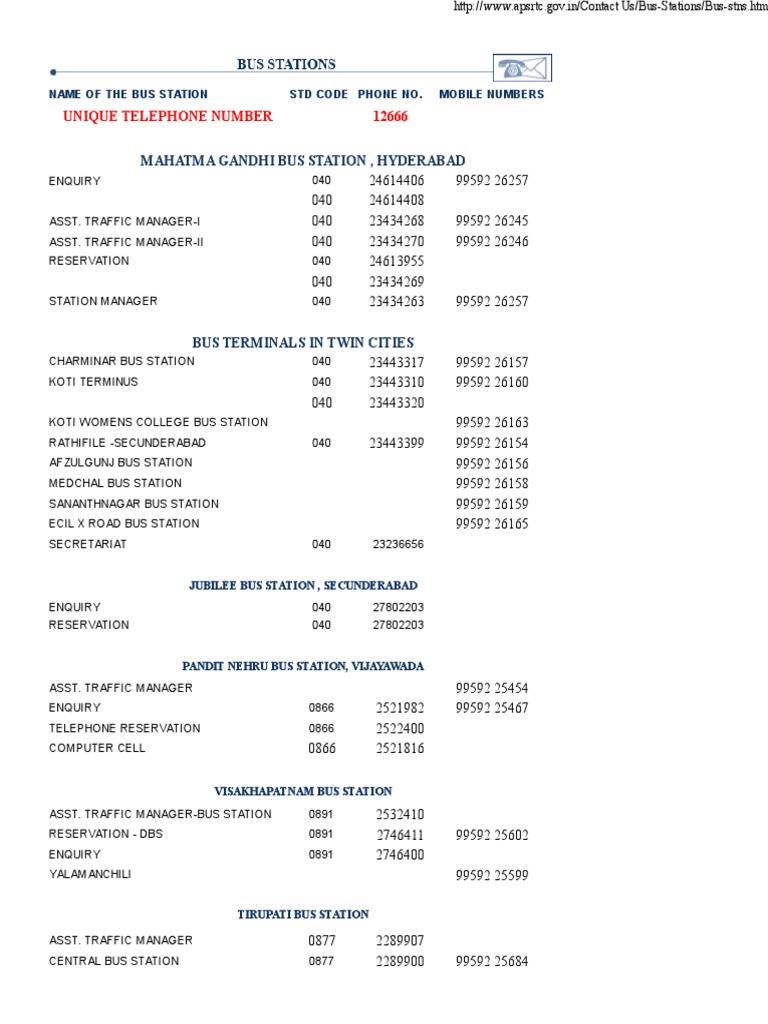 APSRTC Contact Numbers and Enquiries | PDF | South India | Vaishnavism