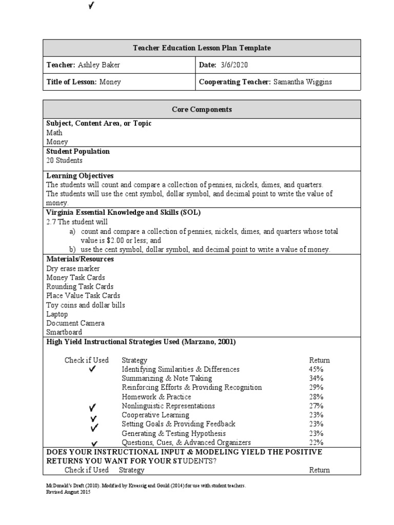 Math Lesson Plan - Money Sol 2 | PDF | Lesson Plan | Coins
