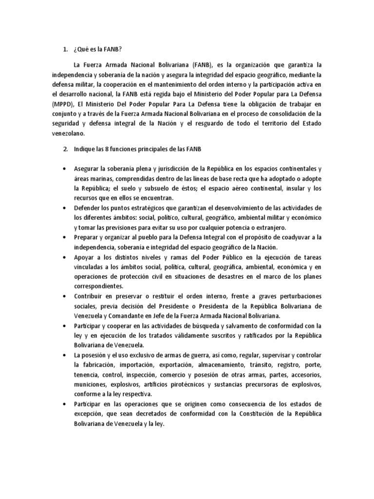 Definición y funciones de la FANB en Venezuela | PDF | Ciencia militar ...