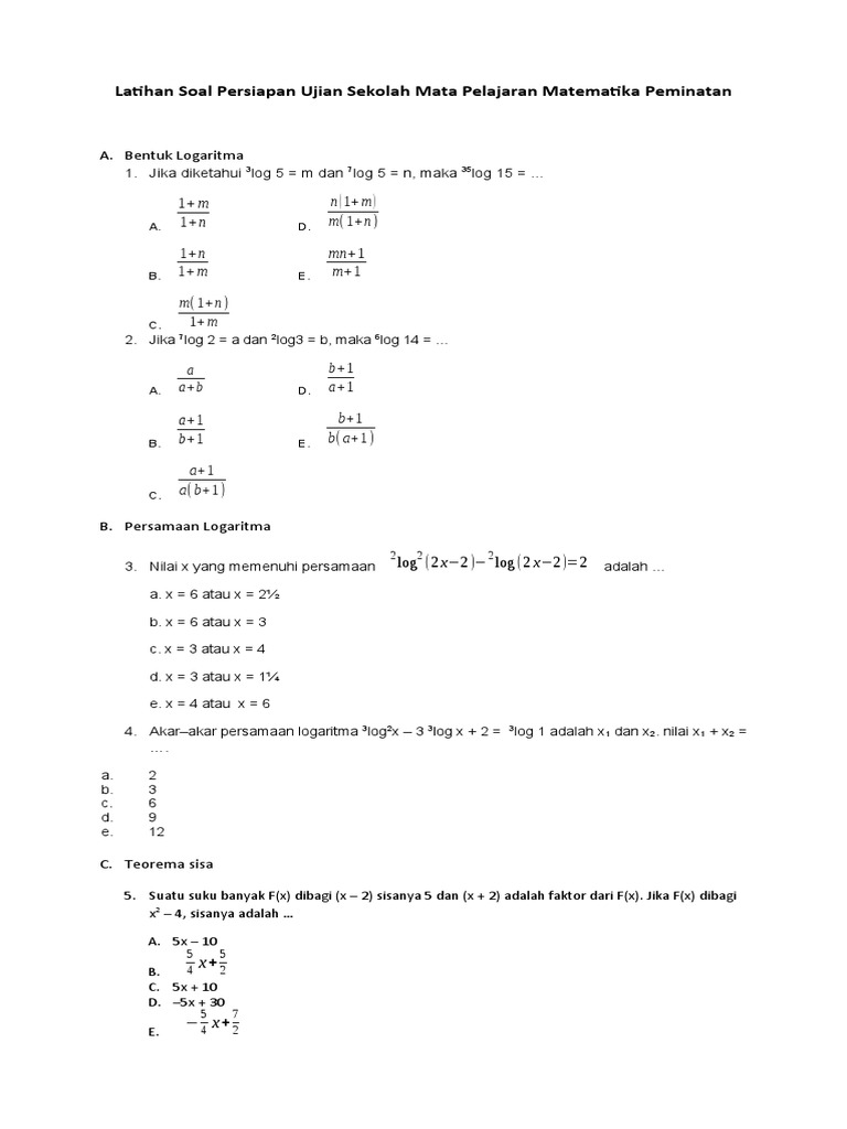 Latihan Soal Persiapan Ujian Sekolah Mapel Matematika Peminatan | PDF