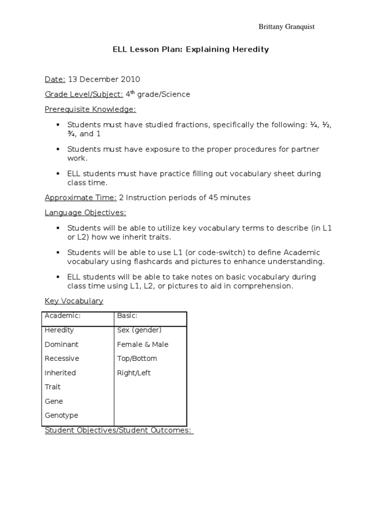 ELL Lesson Plan | PDF | Heredity | Dominance (Genetics)
