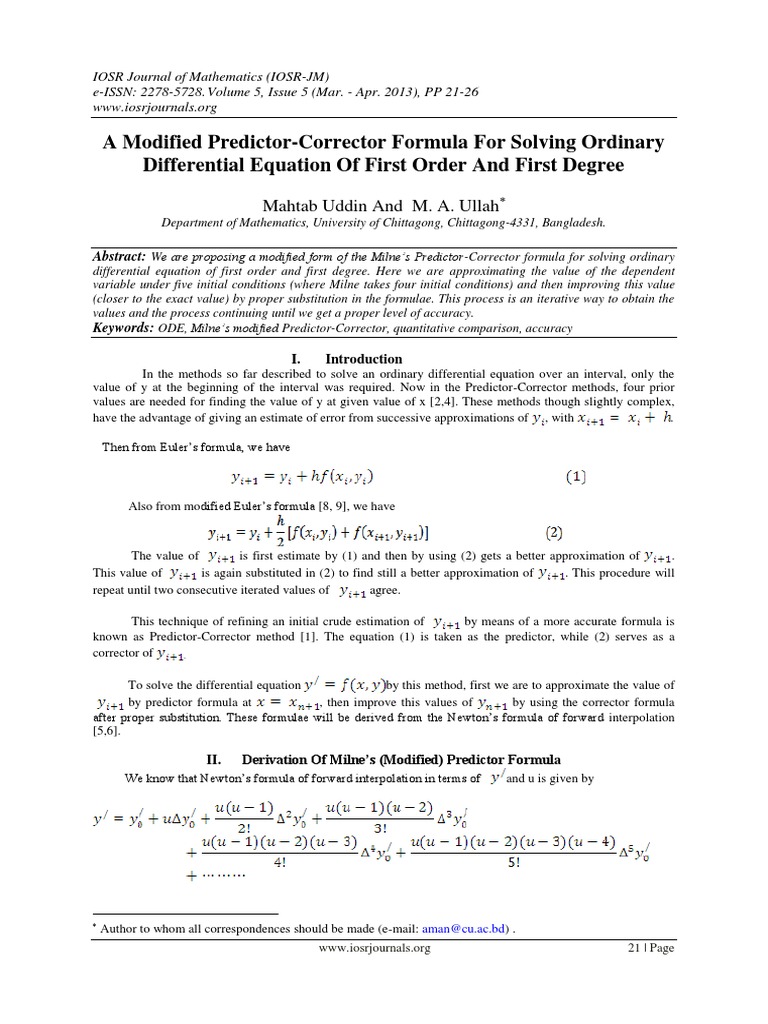A Modified Predictor Corrector Formula For Solving Ordinary Differential Equation Of First Order