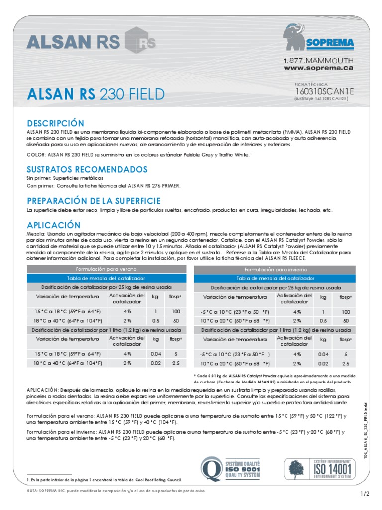 TDS - Alsan - Rs - 230 - Field (Esp) | PDF | Polimetacrilato de metilo ...