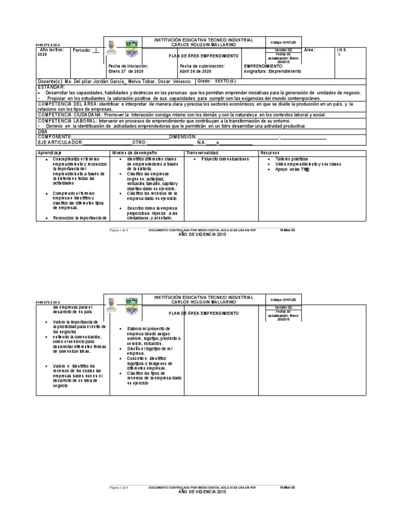 Plan de Area Emprendimiento-Sexto | PDF | Iniciativa empresarial ...