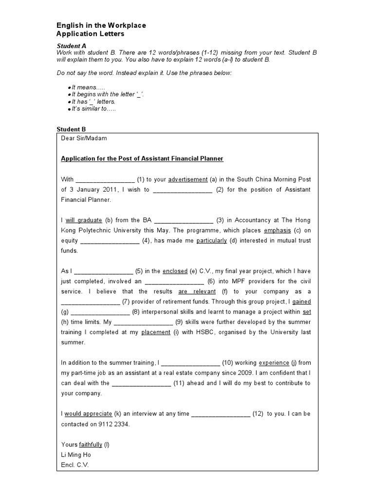 Application Letter Gap Fill | PDF