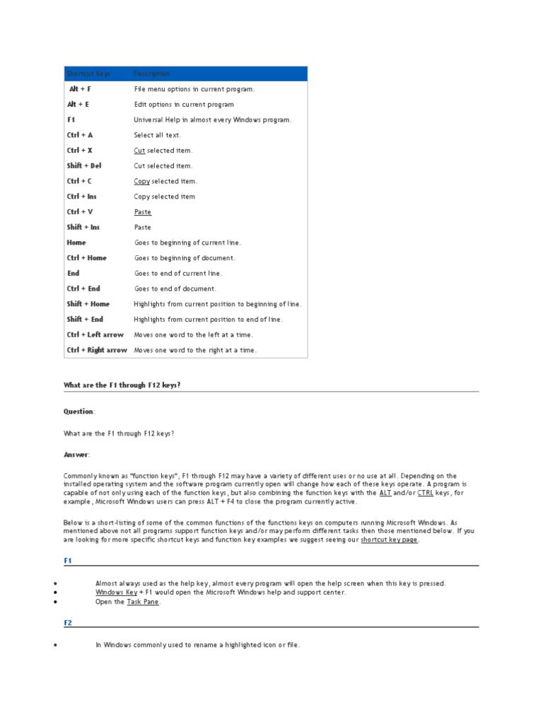 Computer Shortcut Keys | PDF | Keyboard Shortcut | Double Click