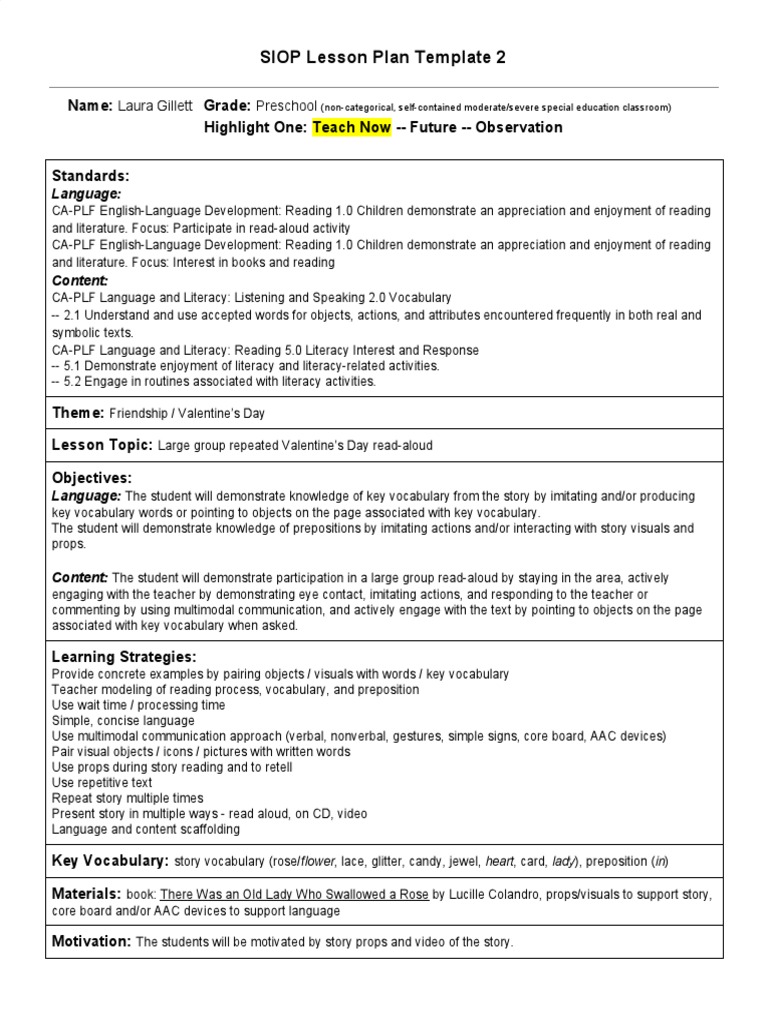 Week 3 Assignment - Siop Lesson Plan 1 | PDF | Vocabulary | Lesson Plan