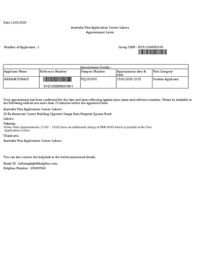 Australia Visa Appointment Confirmation | PDF