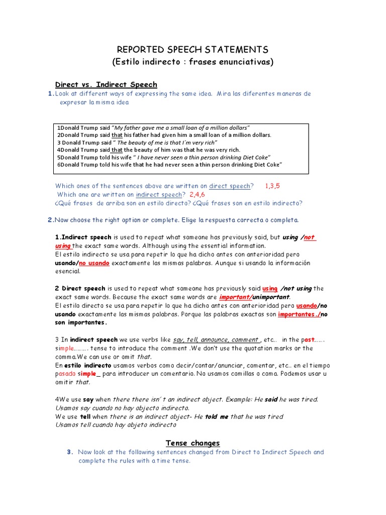 REPORTED SPEECH STATEMENTS English and Spanish Explanation Solutions ...