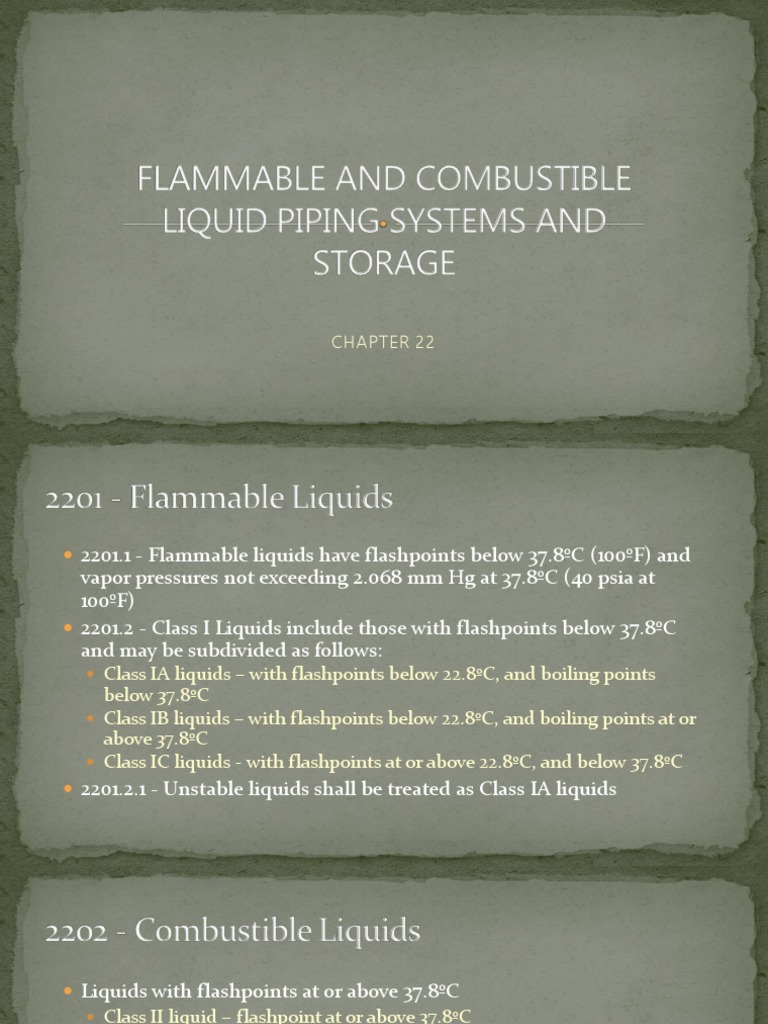 Chapter 22 Flammable N Combustible Liquid Pipping System N Storage | PDF | Pipe (Fluid ...