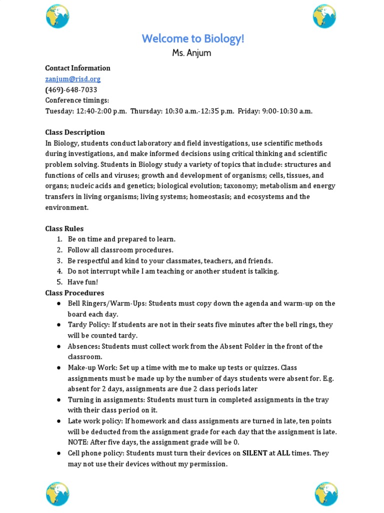 Class Syllabus Assignment Zainab Anjum 3b | PDF | Organisms | Biology