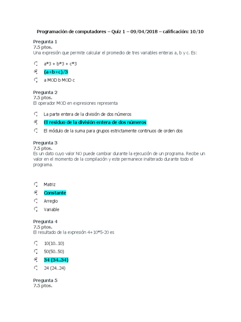 Programacion de Computadores Quiz S3 | PDF | Java (lenguaje de programación) | Lenguaje de ...