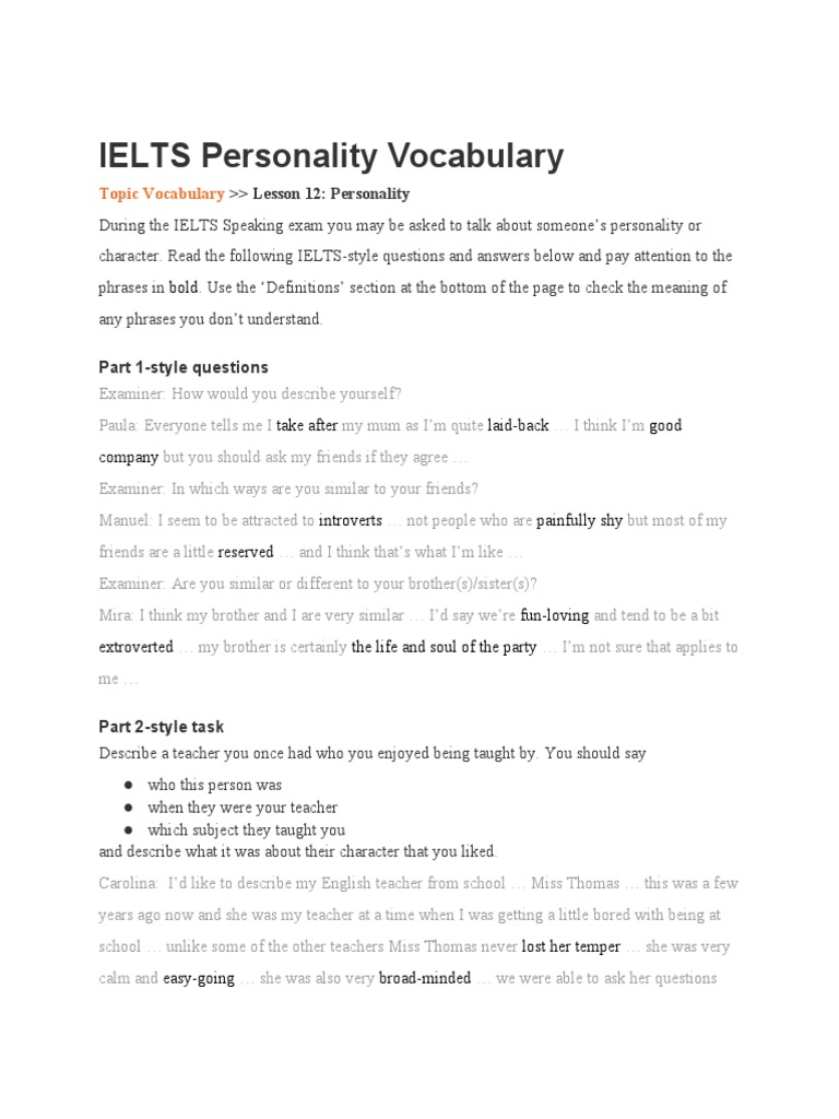 Personality Vocabulary | PDF | Psychology | Psychological Concepts