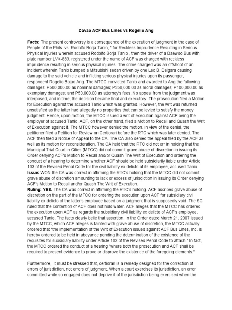Davao ACF Bus Lines Vs Rogelio Ang | PDF | Certiorari | Jurisdiction