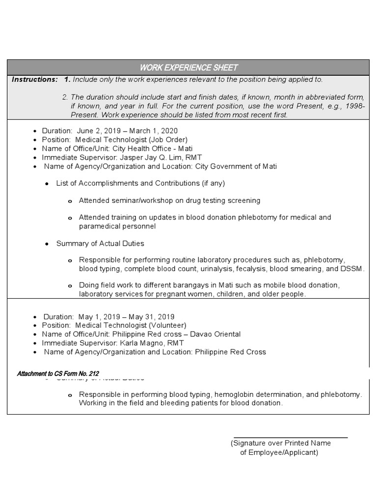Cs Form No. 212 Attachment - Work Experience Sheet | PDF