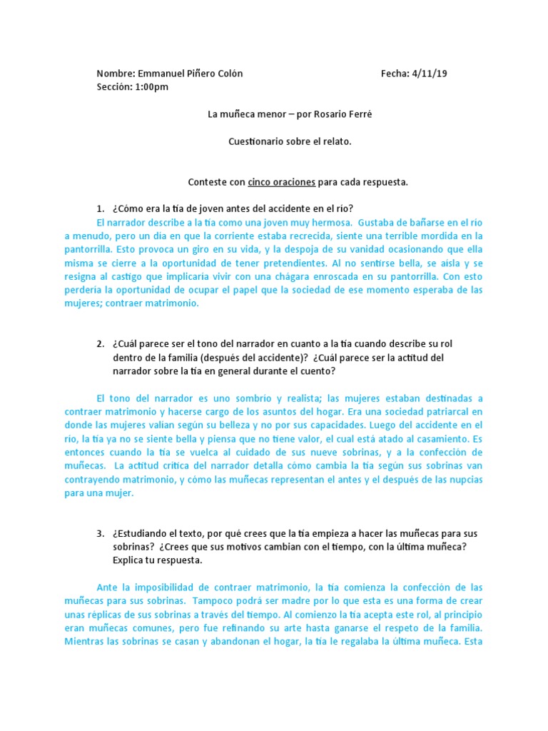 Cuestionario La Muñeca Menor | PDF | Machismo | Muñecas