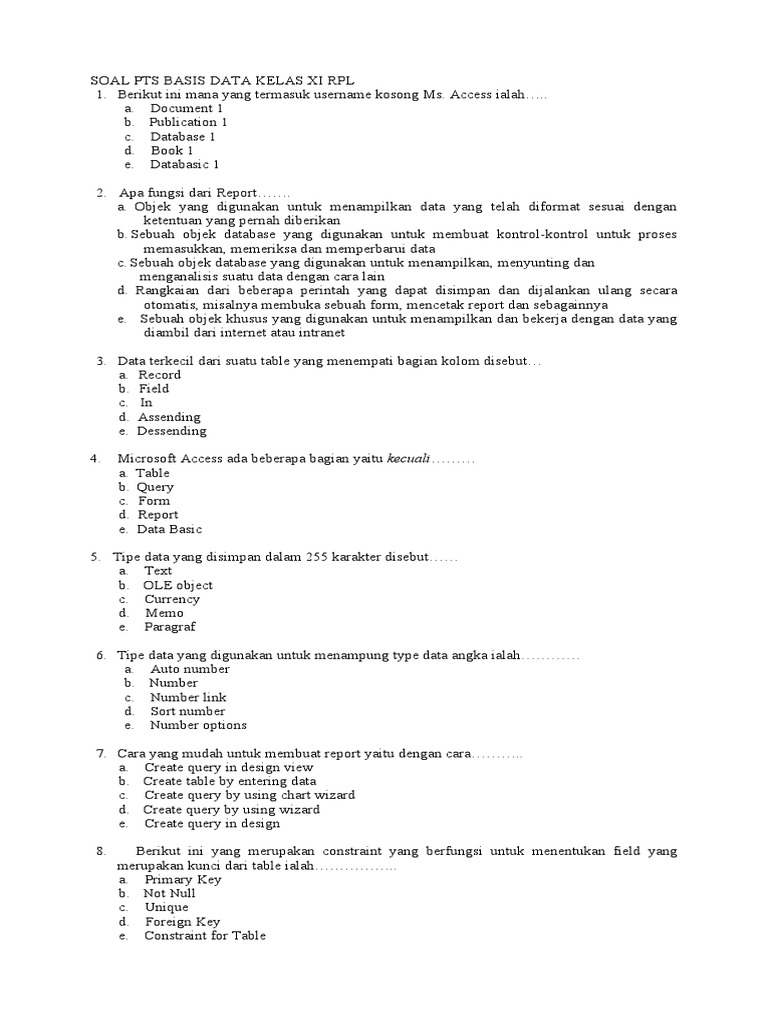Soal PTS Basis Data Kelas XI RPL | PDF