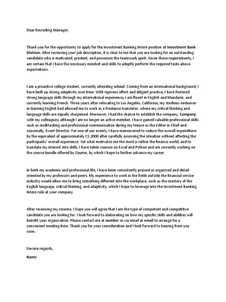 Sample Cover Letter For Investment Banking Internship | PDF | Skill ...