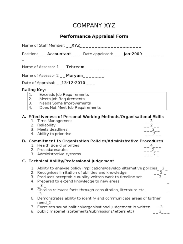Proforma Performance Appraisal Form | Performance Appraisal | Business