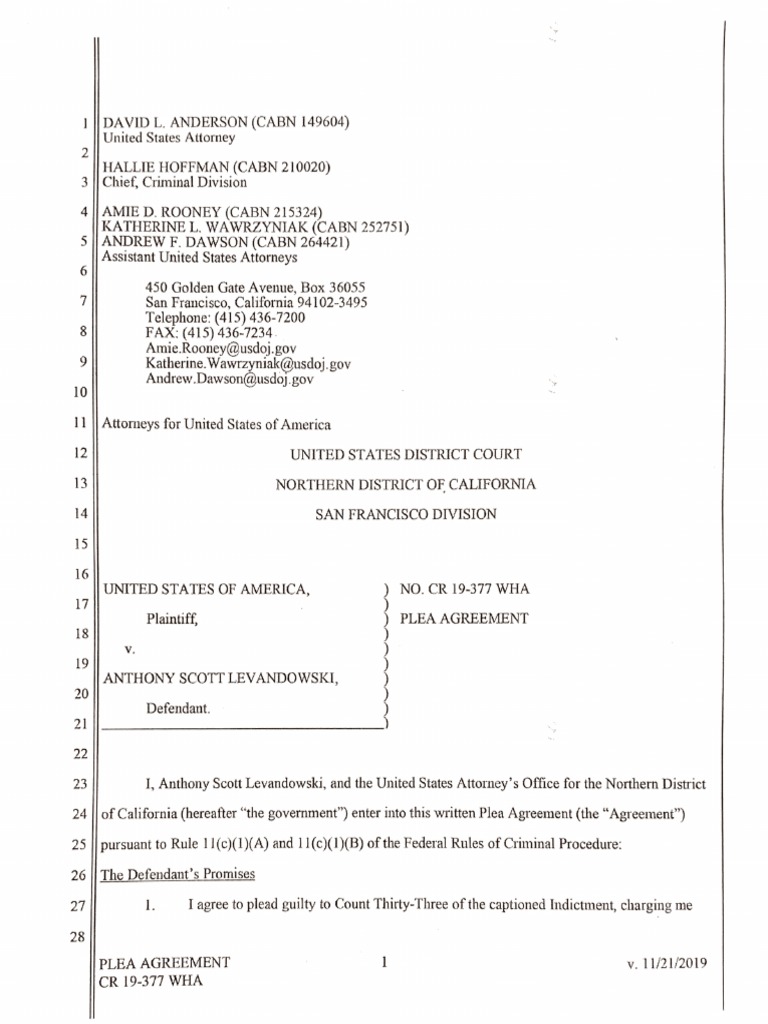 Anthony Levandowski Plea Agreement | PDF