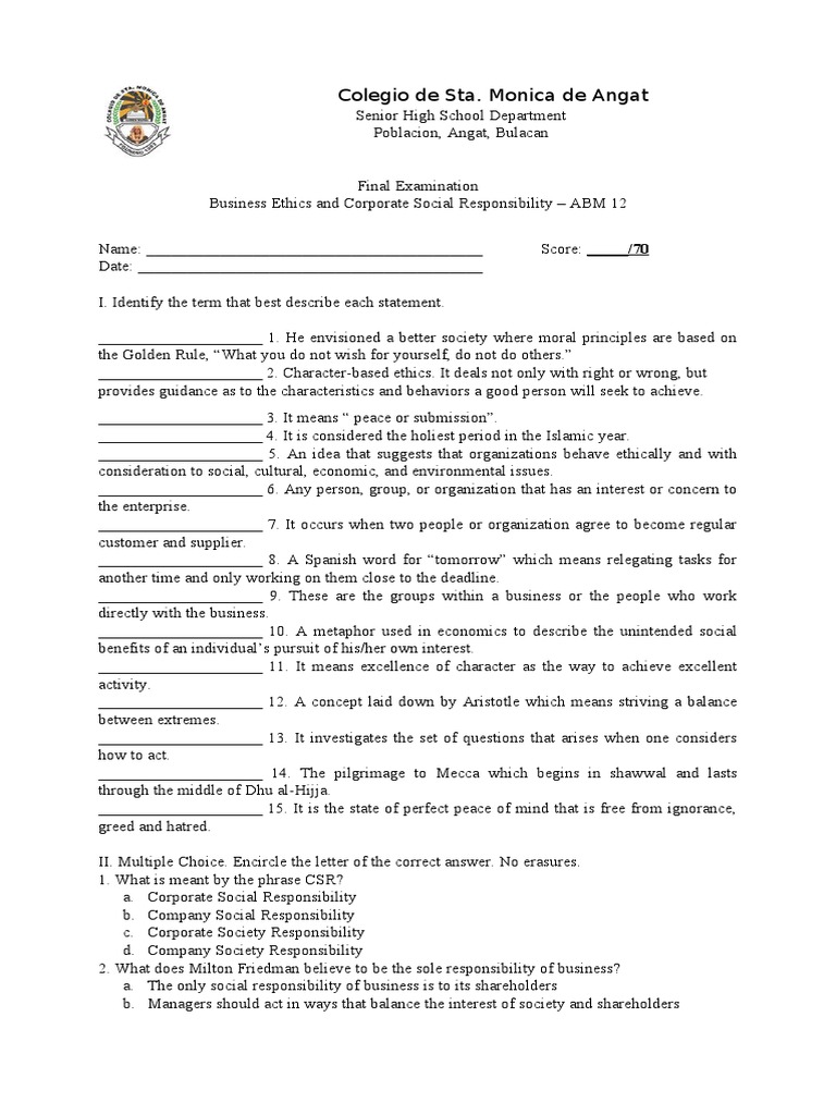 Business Ethics Final Exam Guide | PDF | Corporate Social ...