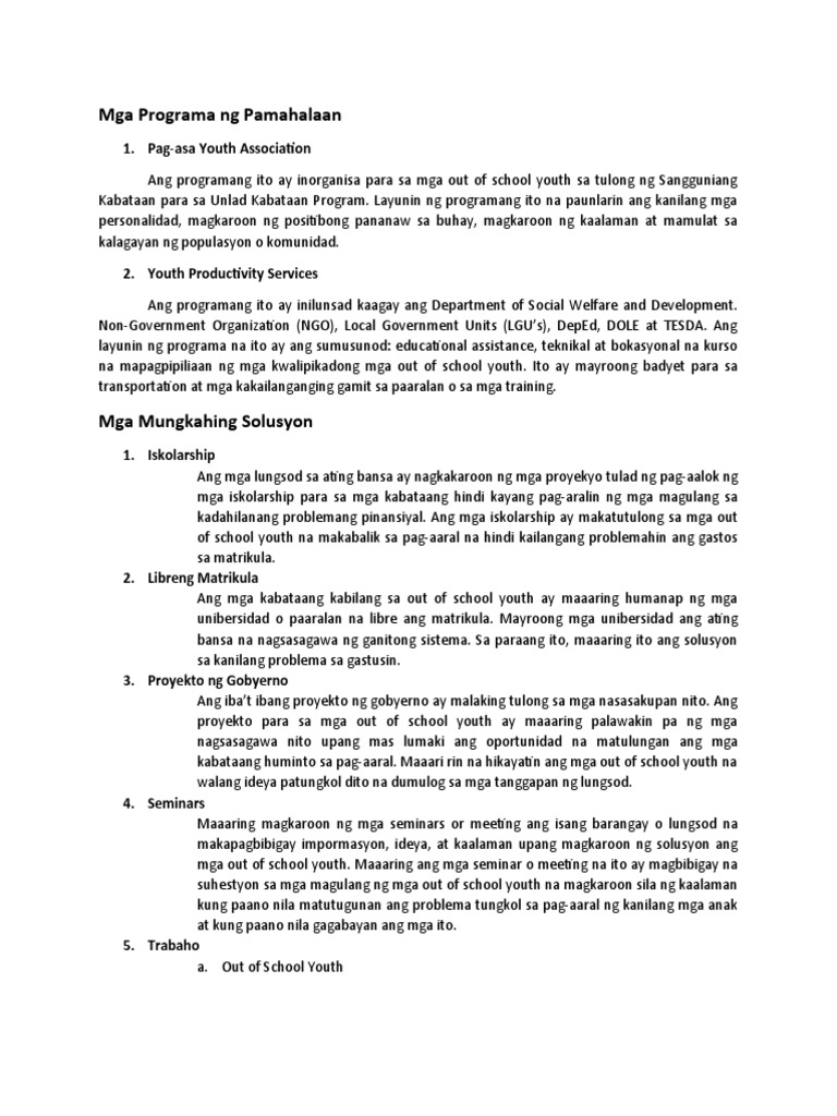 Solusyon para Sa Mga Out of School Youth | PDF