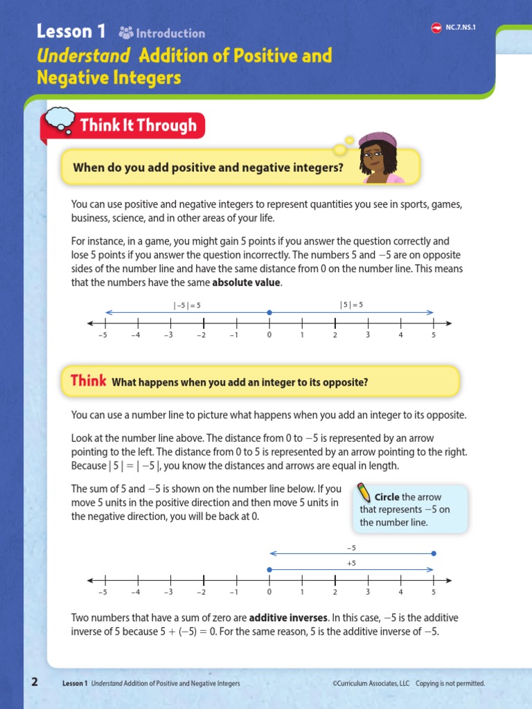 Lessson 1 Instructions Understand Addition of Positive and Negative ...