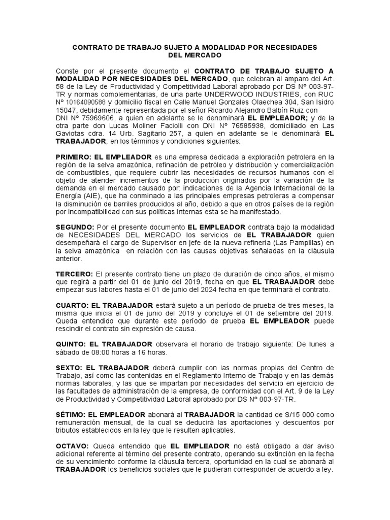 Contrato de Trabajo Sujeto A Modalidad Por Necesidades | Descargar gratis PDF | Derecho laboral ...