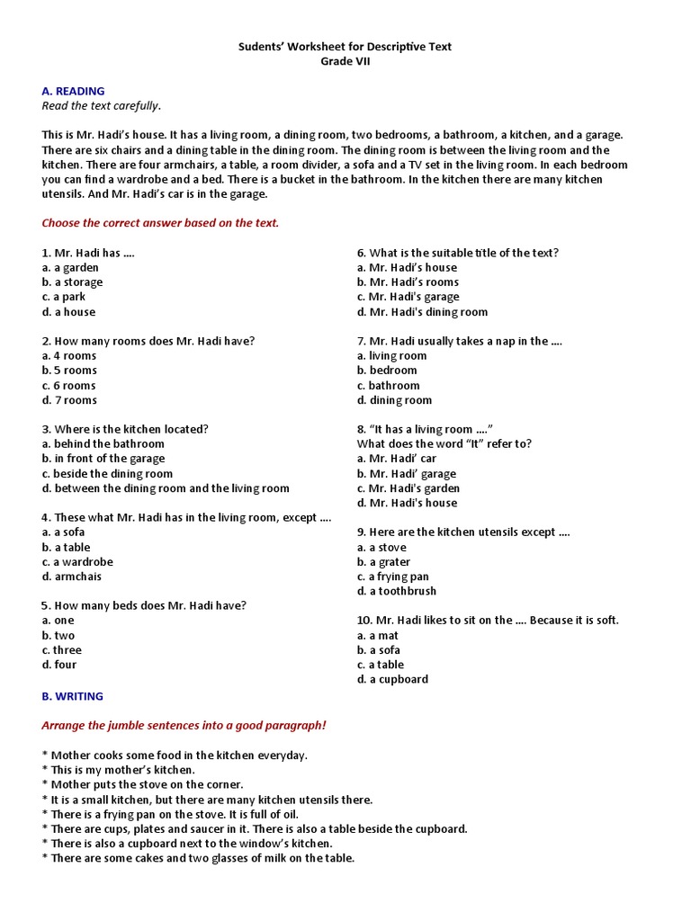 Worksheet 1 Grade 7 | PDF | Kitchen | Room
