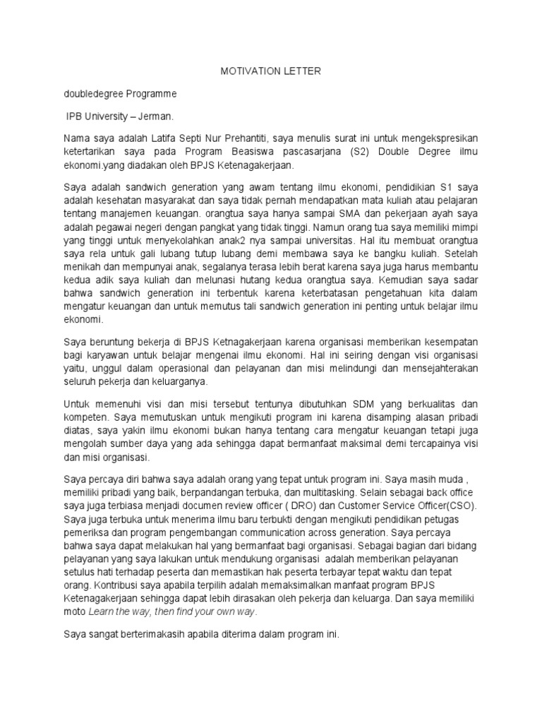 MOTIVATION LETTER Ilmu Ekonomi | PDF