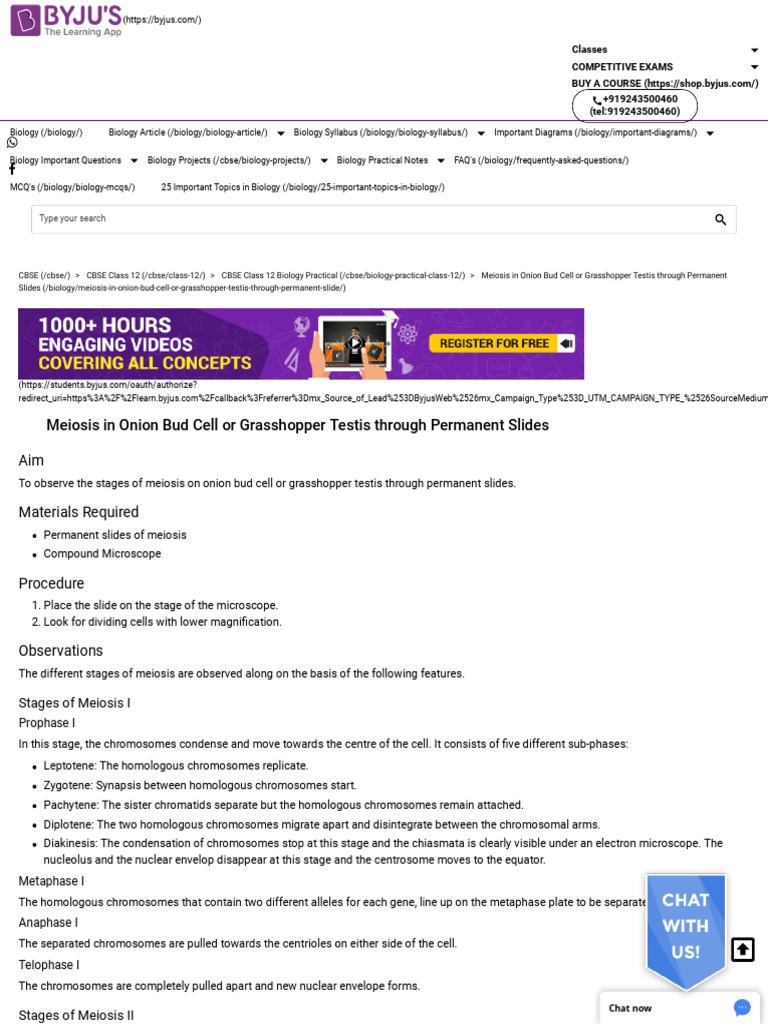 Meiosis in Onion Bud Cell or Grasshopper Testis Through Permanent | PDF ...