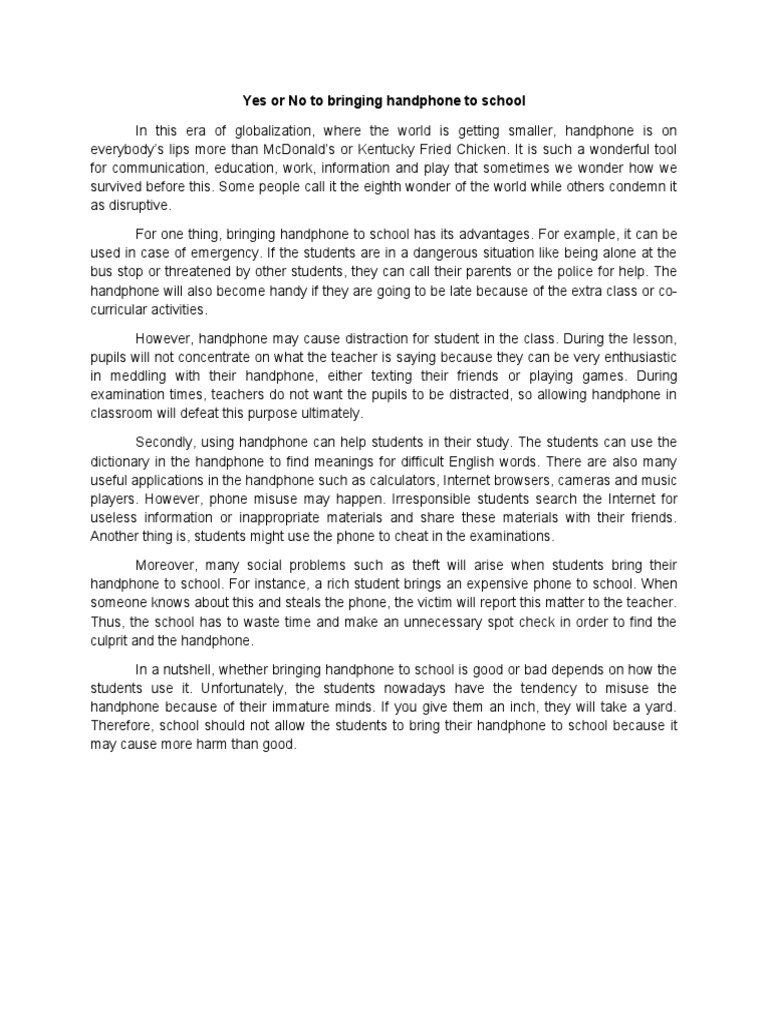 Yes or No To Bringing Handphone To School | PDF | Mobile Phones | Teachers