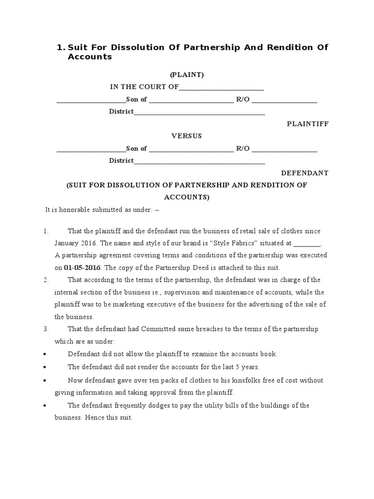 Format - Suit For Dissolution of Partnership | PDF | Partnership | Lawsuit