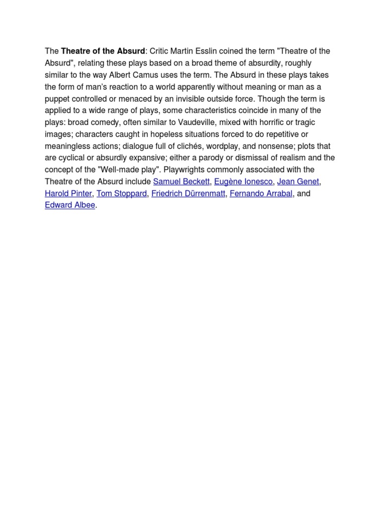 Theatre of the Absurd Explained | PDF | Art | General Fiction