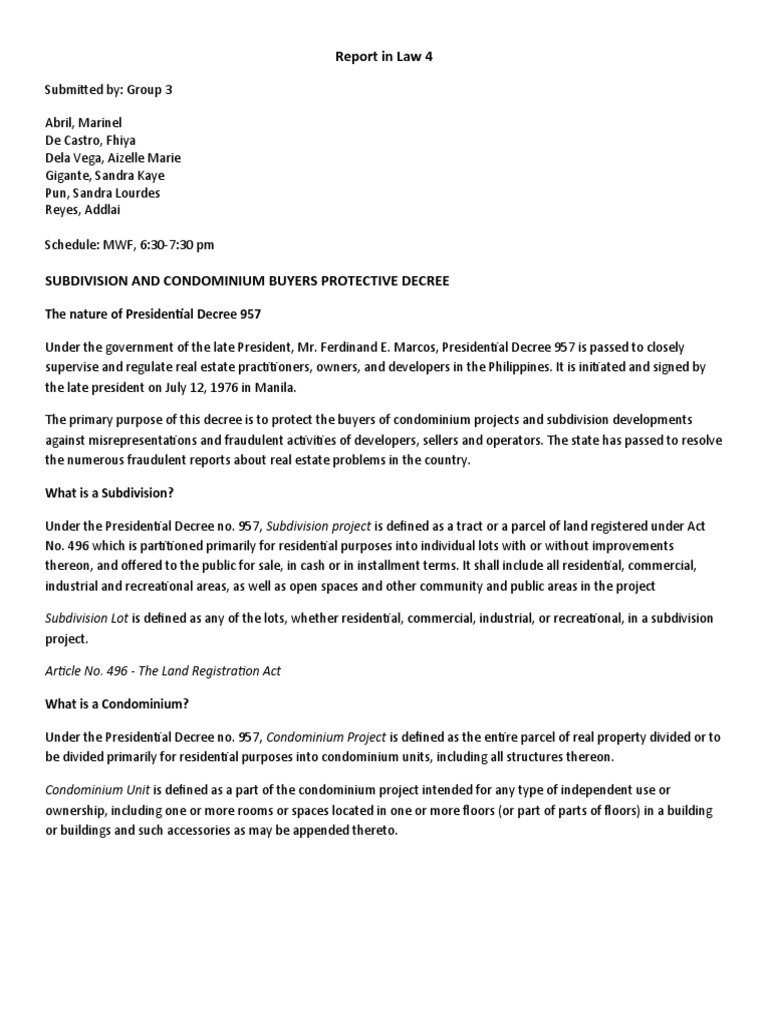 PD No. 957 Written Report | PDF | Condominium | Land Lot