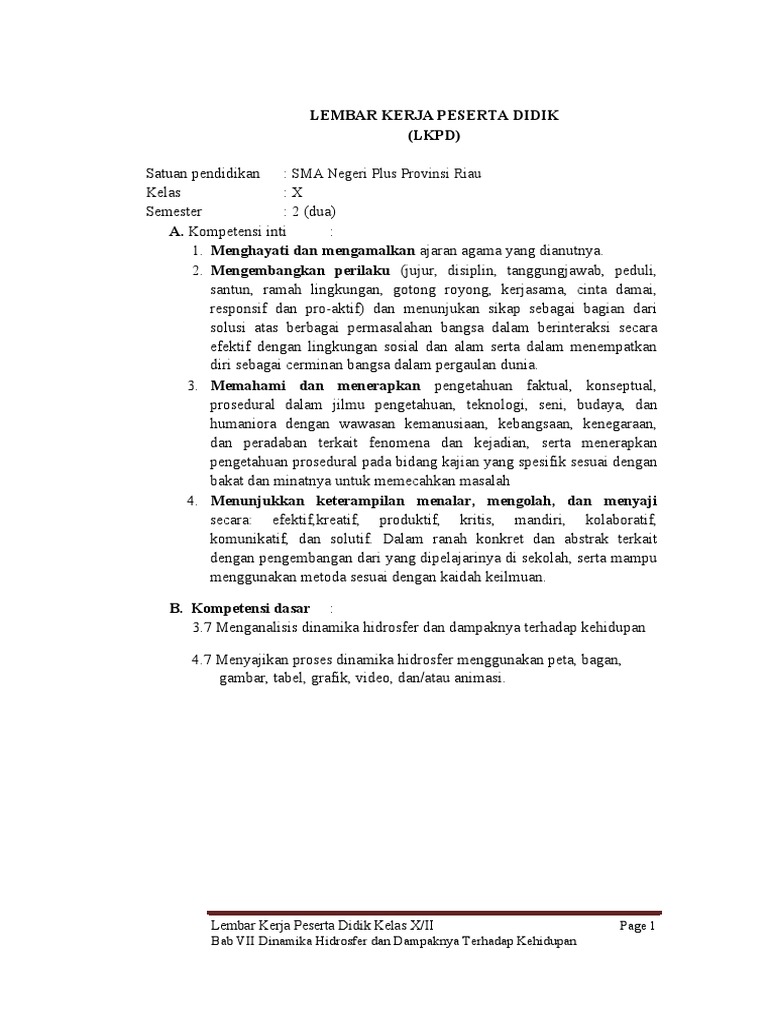 LKPD KD 3.7 Dinamika Hidrosfer Dan Dampaknya Terhadap Kehidupan | PDF | Ilmu Sosial | Sains ...