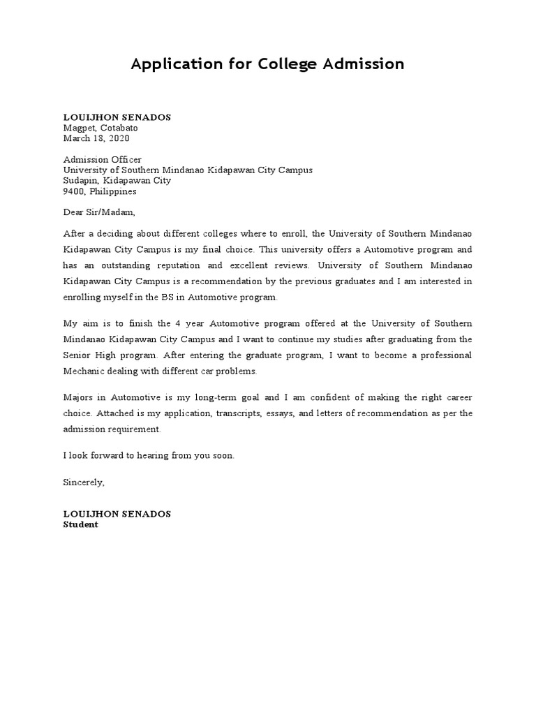 College Admission Application Letter | PDF