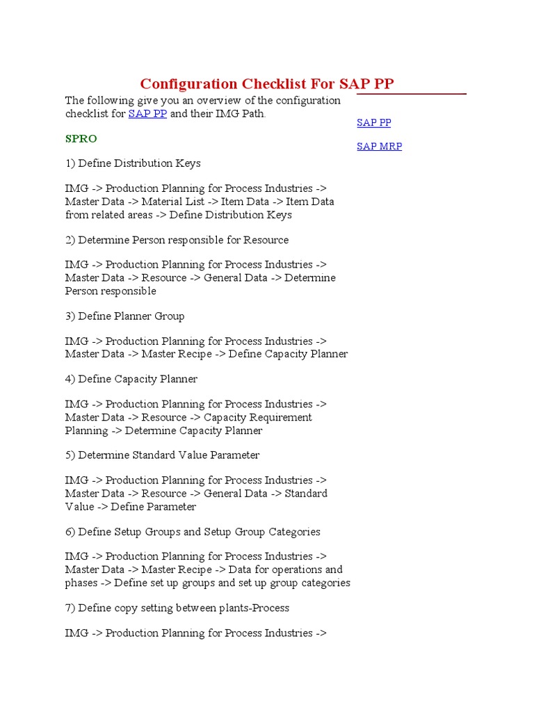 Configuration Checklist For SAP PP | PDF | Business Process Management | Information Technology