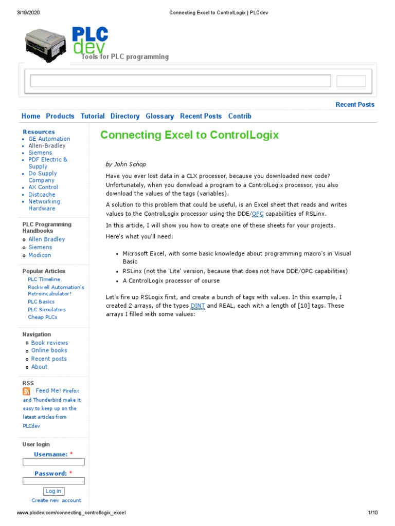 Connecting Excel To ControlLogix - PLCdev PDF | PDF | Microsoft Excel | Programmable Logic ...