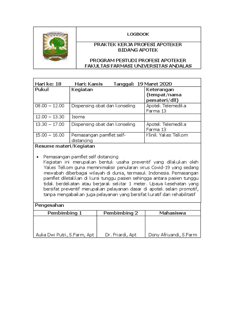 Logbook PKPA Apotek Hari ke-18 | PDF | Pengembangan Diri