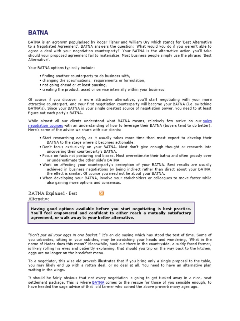 BATNA | PDF | Negotiation | Psychological Concepts