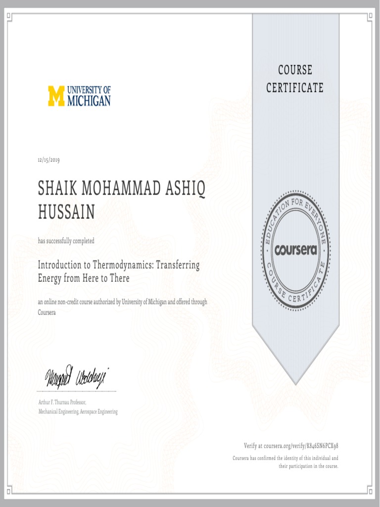 Ashiq Mtech Coursera Certificate PDF | PDF | Continuum Mechanics | Systems Theory