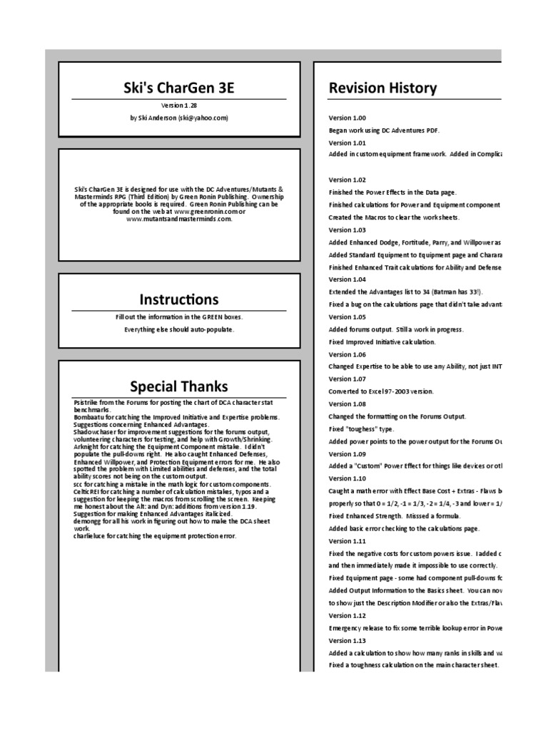 DC Adventures Character Generator Sheet | PDF | Microsoft Excel ...