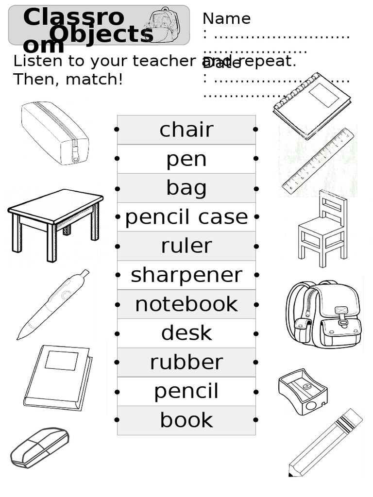 Classroom Objects Worksheet | PDF | Stationery | Writing Implements
